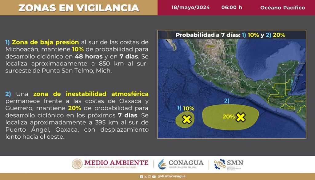 Vigilancia en el océano Pacífico de dos zonas de baja presión con potencial para desarrollo de ...